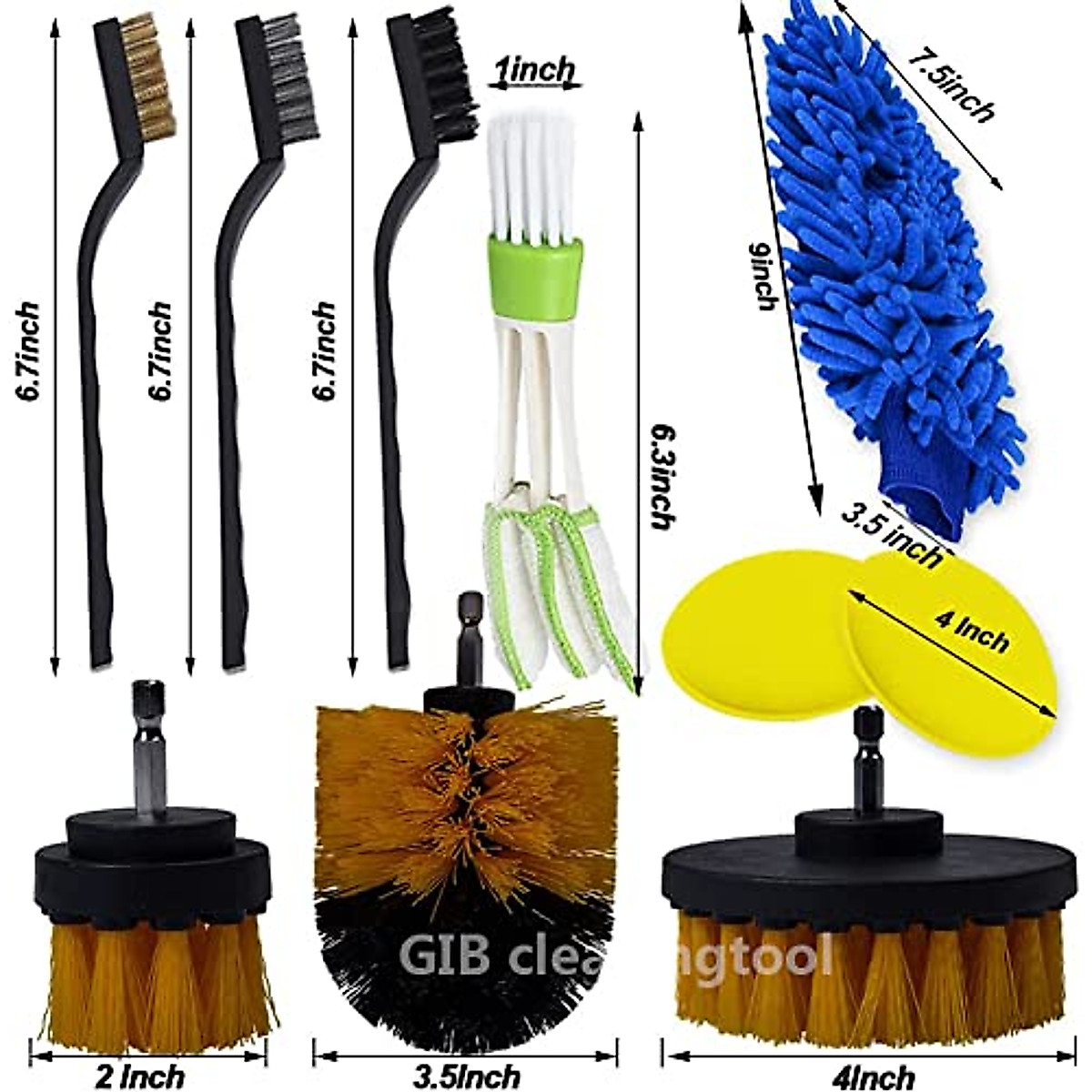 GIB cleaningtool Auto Car Detailing Kit Interior Exterior - 5 Detail Brush, 3 Wire Brush, 3 Drill Brush, 2 Car Wash Sponge,1 Cone Sponge,1 Microfiber Mitt, 1 Automotive Air Vent Brush and Cloth