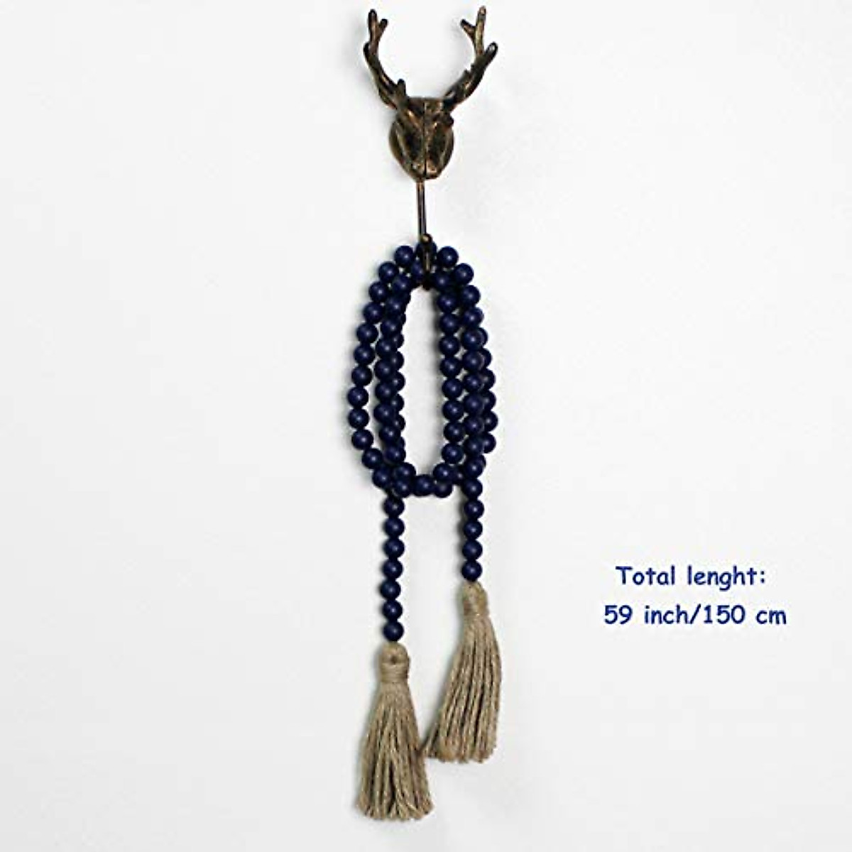 CVHOMEDECO. Wood Beads Garland with Tassels Farmhouse Rustic Wooden Prayer Bead String Wall Hanging Accent for Home Festival Decor. Navy Blue