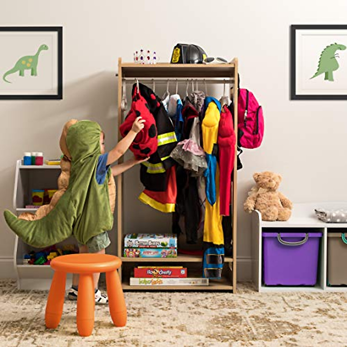IRIS USA Open Wood Clothing Costume Garment Hanging Rack Armoire Wardrobe Dresser Organizer with Shoe Shelves and Side Hook, for Nursery, Kids Room, Closet, Dress-Up Center, Small Spaces, Light Brown