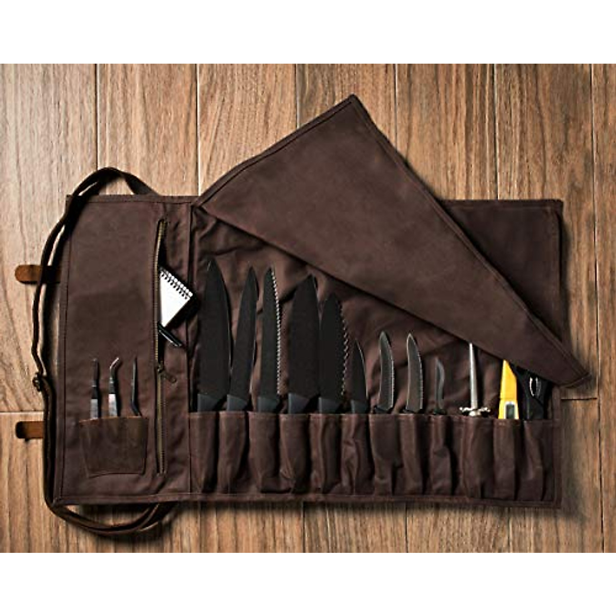 Asaya Waxed Canvas Knife Roll - 15 Knife Slots, Card Holder and Large Zippered Pocket - Genuine Leather, Cloth and Brass Buckles - for Chefs and Culinary Students - Knives Not Included