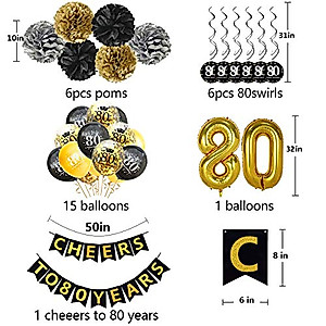 Trgowaul 80th Birthday Party Decorations Kit- Gold Glittery Cheers to 80 Years Banner, Pom Poms, 6Pcs Sparkling 80 Hanging Swirl, 1 Gold Number Balloon, 15 Confetti Balloons for 80 Birthday Decoration