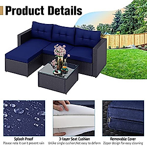 MFSTUDIO Outdoor Patio Furniture Sets,All-Weather Outdoor Sectional Sofa Set,Small Rattan Patio Conversation Set with Cushion&Coffee Table(Navy Blue)
