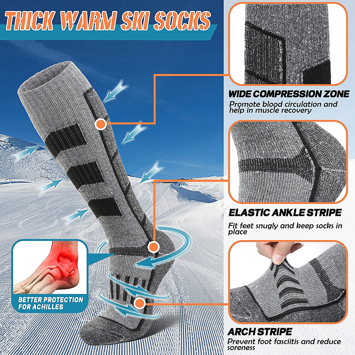 ANTSANG Mens Womens Merino Wool Ski Socks Thermal Warm Winter Thick Knee High Gift Socks Skiing Snowboarding Socks 3 Pairs(Arrow-Ski Black Grey,L)