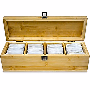 Zen Earth Inspired Bamboo Tea Organizer Box Chemical Free Eco-Friendly Big, Tall, Adjustable Cubbies Natural Wooden Storage Chest (4-Slot Rectangle 14.3"x 4.4" x 4.2" with TEA print design)