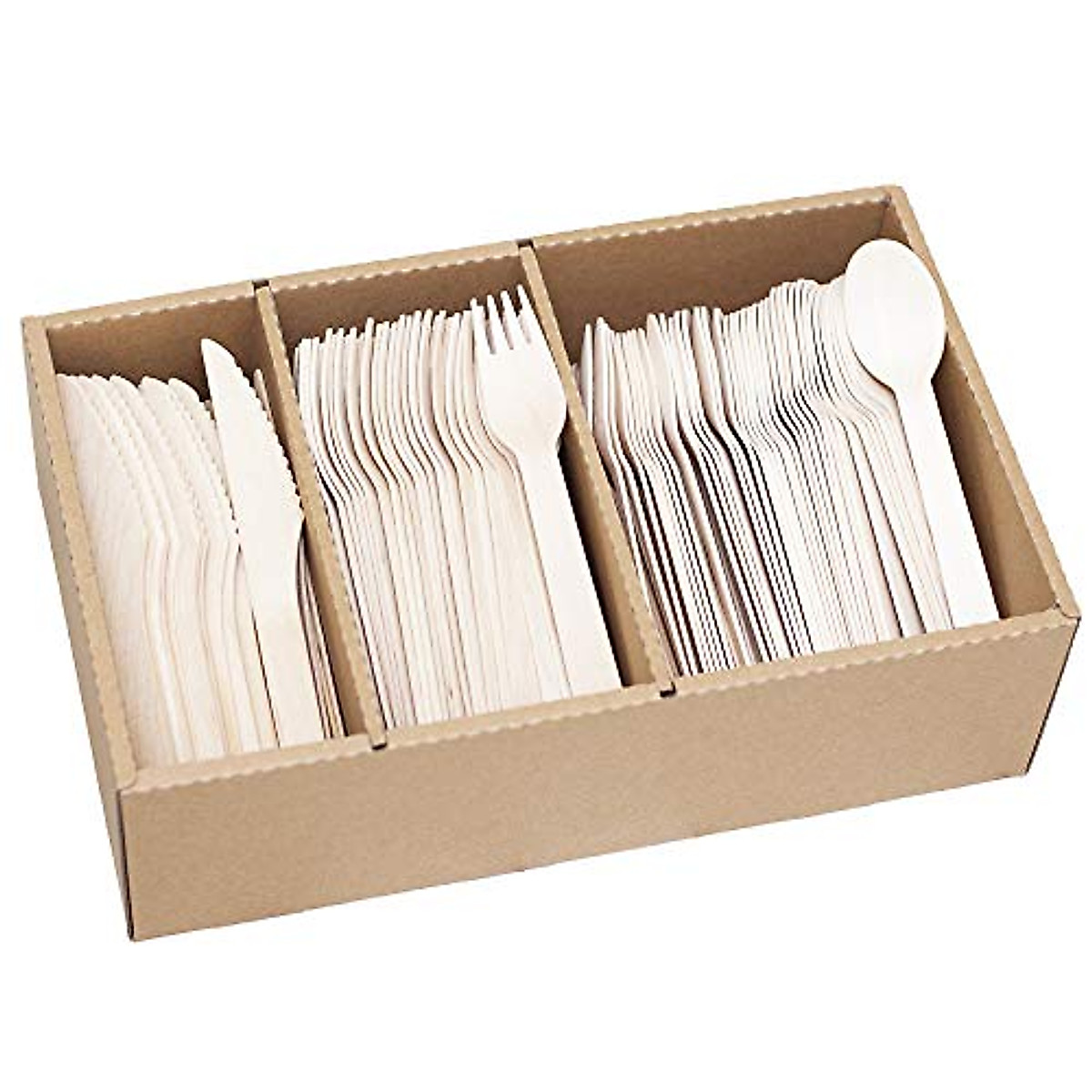 FirstChoice EcoNaturals 300 Count Disposable Wooden Cutlery Set, 100 Forks, 100 Spoons, 100 Knives, Wooden Utensils in Paper Box with Sectional Tray