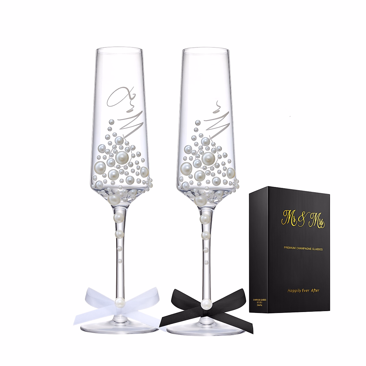 Personalized Mr and Mrs Wedding Champagne Flutes with Long Stem,Handcraft Bridal Shower Gift,Cute 7oz Bride and Groom Toasting Glass Set of 2, Unique Gift for Anniversary, Engagement Gifts for Couples