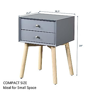 Mid Century Modern Nightstand with 2 Drawers, Gray Side Table with Storage, Small End Table for Bedroom, Living Room