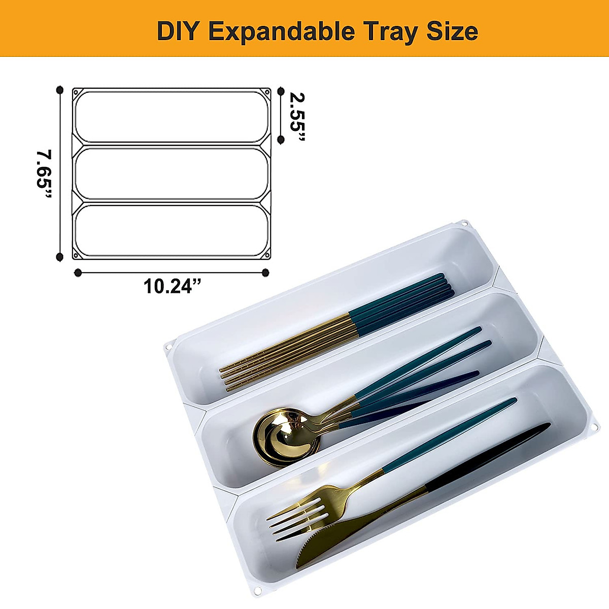 TUNGTAR custom silverware drawer tray small drawer organizer for utensils holder 7.5 inches cutlery tray, DIY organizer for silverware, flatware, knives in Kitchen, Bedroom white 3in1 (White, Small)