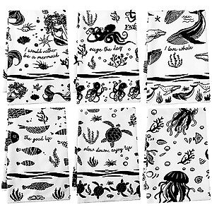 Newwiee 6 Pieces Boho Kitchen Towels Black and White Funny Dish Towels Ocean Animal Themed Tea Towels Absorbent Towels for Boho Housewarming Gifts Kitchen Decoration, 16 x 28''