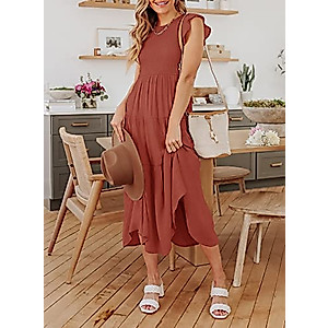 ZCSIA Women's 2023 Summer Casual Ruffle Short Sleeve Crewneck Smocked Tiered A Line Midi Dress,Rust,Small