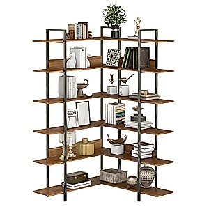Corner Bookshelf 6-Tier L Shaped Bookcase, Industrial Home Office Open Storage and Display Rack Shelves, Metal Frame