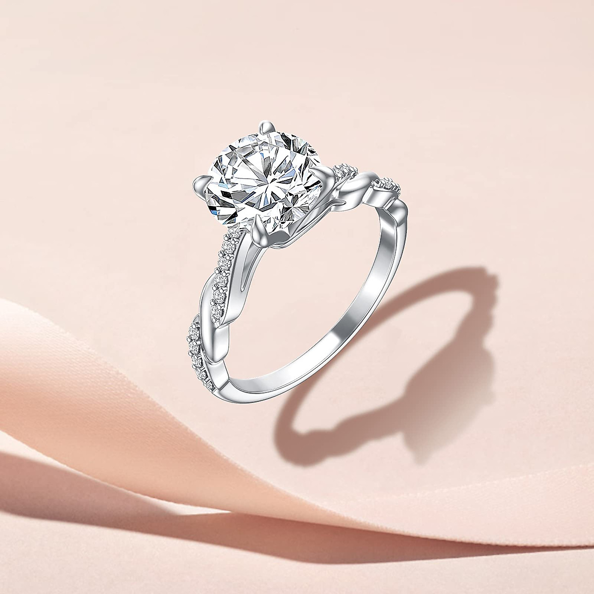 FENCCI 10K 14K 18K Gold Personalized Moissanite Twisted Engagement Wedding Ring for Women Simulated Diamond Promise Bridal Ring (White Gold)