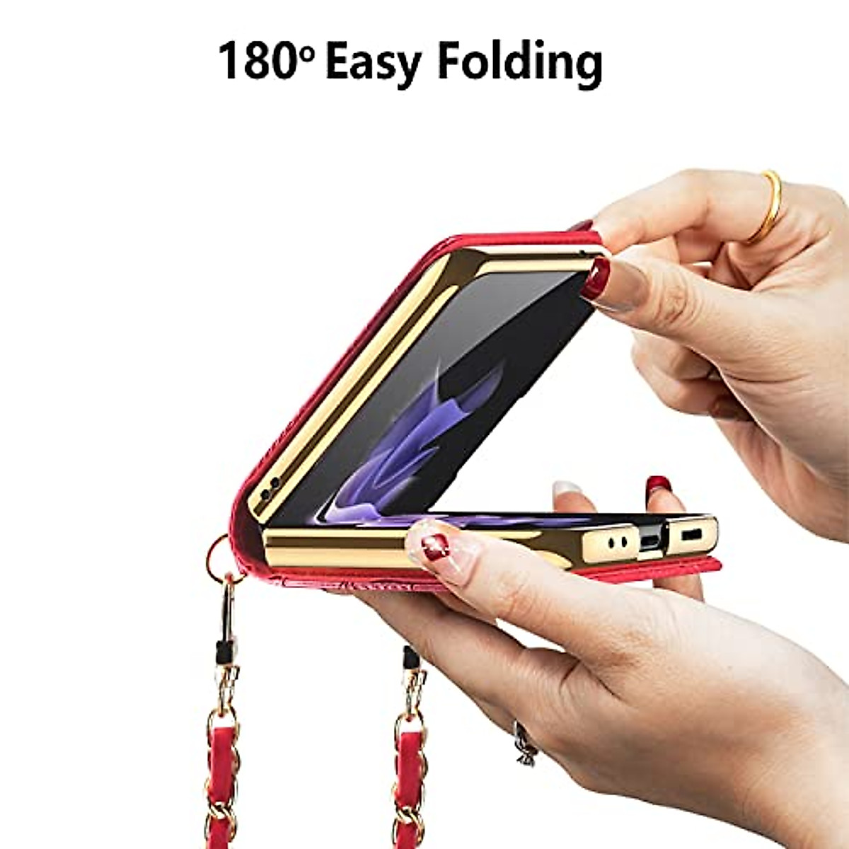 SHIEID Genuine Leather Galaxy Z Flip 4 Case with Chain, Noble Temperament, Diamond Shape Design Fine Texture Z Flip 4 Case for Samsung Galaxy Z Flip 4, Brown