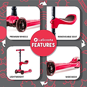 LaScoota 2-in-1 Kids Kick Scooter, Adjustable Height Handlebars and Removable Seat, 3 LED Lighted Wheels and Anti-Slip Deck, for Boys & Girls Aged 3-12 and up to 100 Lbs.