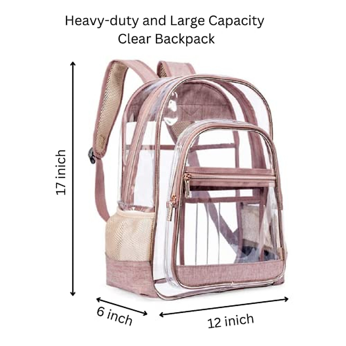 Heavy Duty Clear Backpack - 15L Large Transparent Bag with Adjustable Straps, Multiple Pockets & Compartments - Durable See-Through Plastic Clear Book Bag for School, Work, Travel - Rose Pink