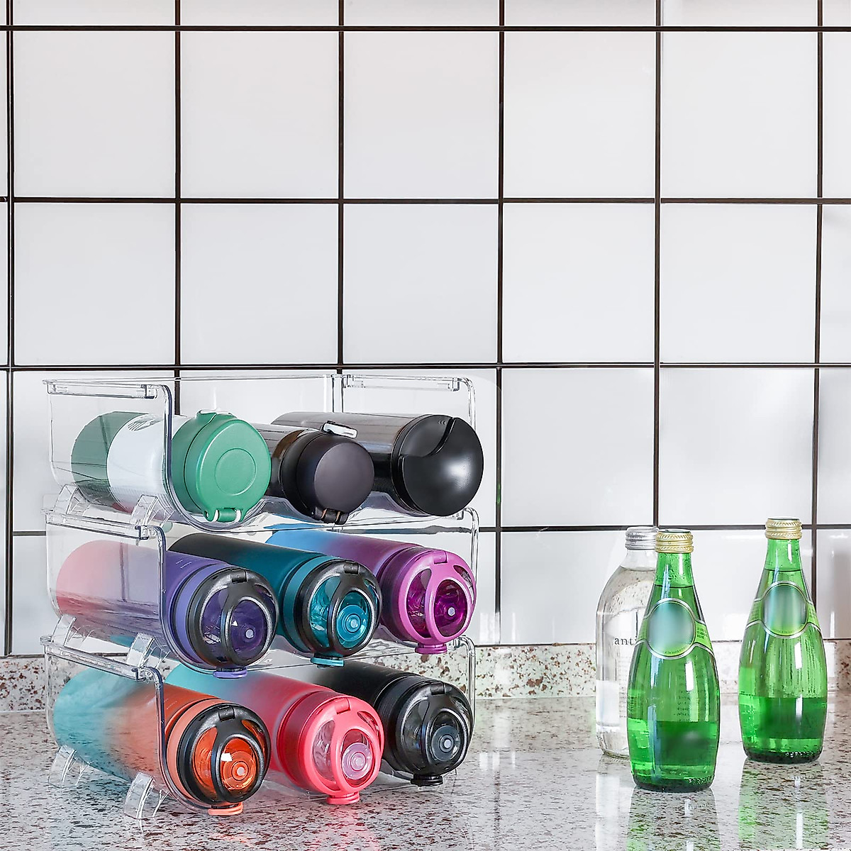 Water Bottle Organizer, Storage Holder for Kitchen Organization,Fridge, Pantry,Cabinet,Countertop,Cupboard- Plastic Cup Rack Shelf for Wine,Water,Drink- 2 Pack,Each Rack Holds 3 Containers,Clear