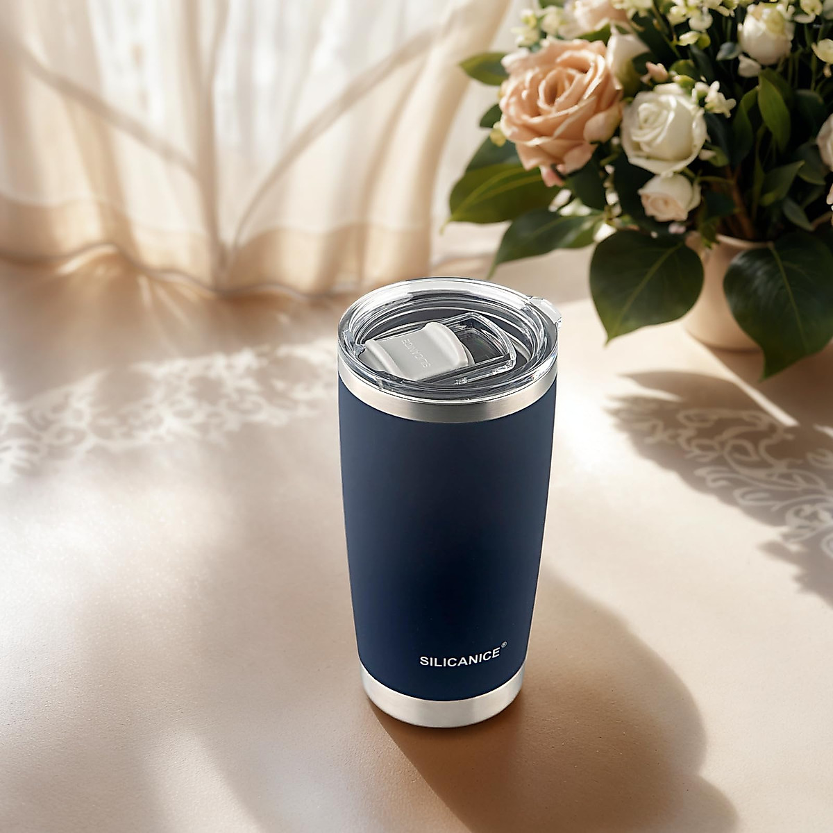 SILICANICE Navy The Only Soft Touch 20oz Stainless Steel Insulated Tumbler with MacSlider Lid-Spill Proof,Dishwasher Safe,Durable Thermal Cup for Hot & cold Coffee, Water & Smoothies