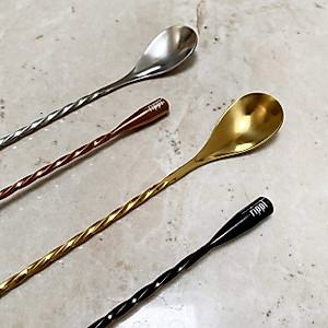 Rippl Cocktail Mixing Spoons - Bar Spoons for Stirring Cocktail Drinks - Bartender Tools for your Home Bar Set - Set of 4 Long Spoons for Stirring in Silver, Black, Gold, Rose Gold