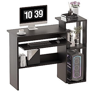 Small Computer Desk, Small Desk with Keyboard Tray and Bookshelf, 26''Home Office Desk for Space Saving, Small Home Laptop Notebook Computer Desk with Storage Shelves Computer Writing Desk, Black