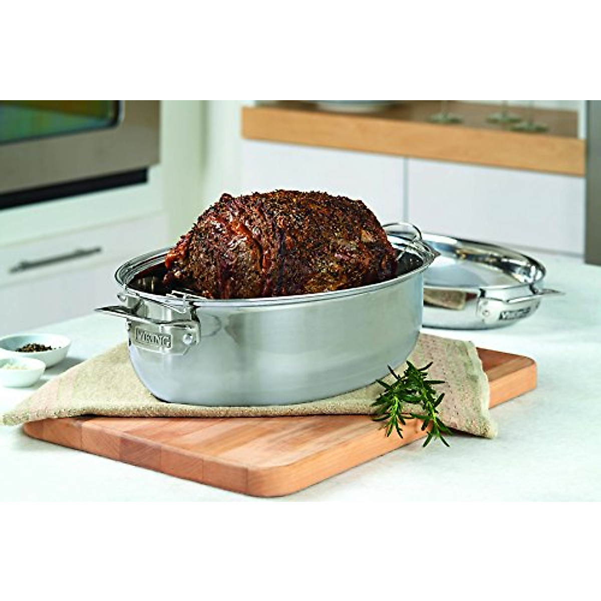 Viking Culinary 3-Ply Stainless Steel Oval Roasting Pan, 8.5 Quart, Includes Metal Induction Lid & Rack, Dishwasher, Oven Safe, Works on All Cooktops including Induction