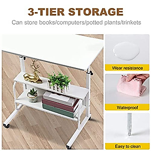 Adjustable Table Student Computer Desk Portable Home Office Furniture Small Spaces Desk Sofa Bedroom Bedside Desk Learn Play Game Desk on Wheels Movable with Storage Desk Size 31.5 * 15.7 Inch,White