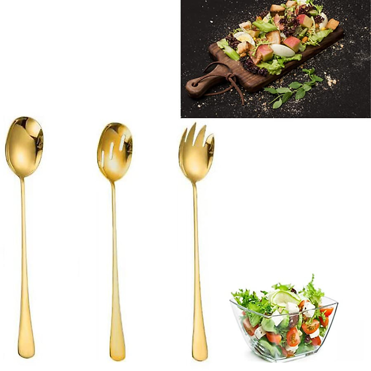 ARFUKA Salad Servers Salad Serving Sets Stainless Steel 11" Buffet Salad Spoon and Salad Fork Dishwasher Safe Large Metal Serving Utensils Gold, Set of 3