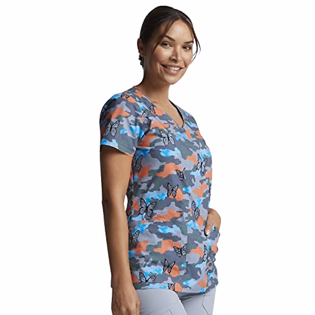 Dickies EDS Women Scrubs Top V-Neck DK700, M, Camo Flight