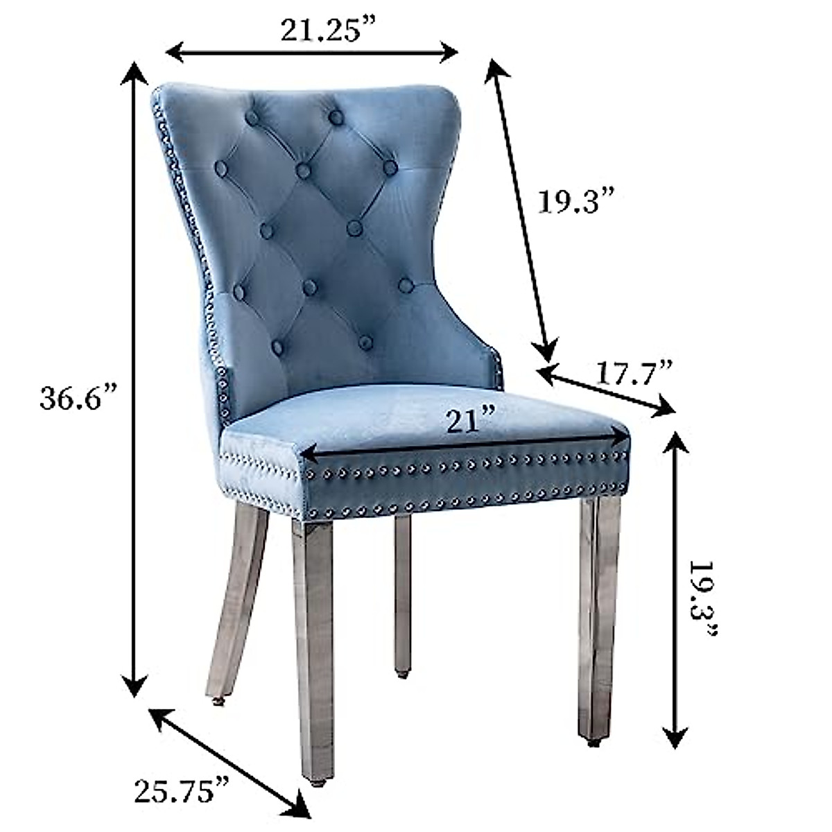Restworld Velvet Dining Chairs Set of 2,Upholstered Tufted Back Nail Trim Accent Chair with Stainless Steel Legs,Blue