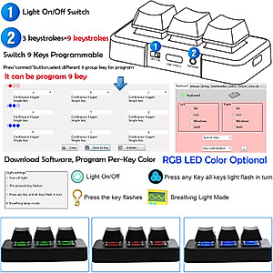 iKKEGOL Mini USB Type C Wired 3 Key Mechanical Keypad 9 Keys Fully Progammable Macro Gaming Keyboard,One- Handed Control RGB Light HID Pad (Black)