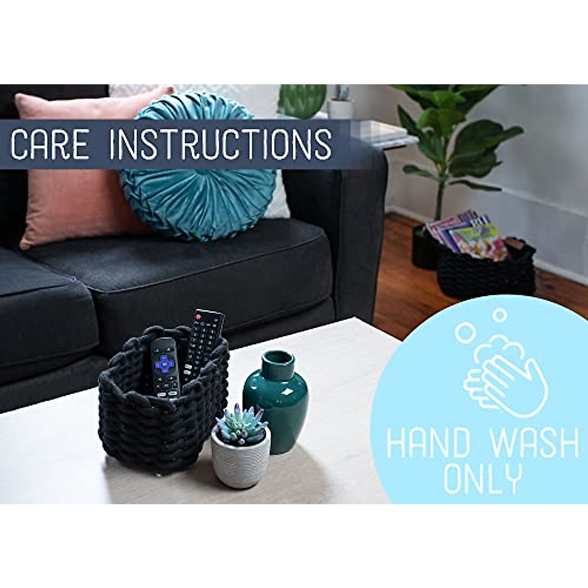 Nat & Jules Thick Woven 12 x 10 Polyester Knit Nesting Baskets Set of 3 - Organize Your Home Linen Closet, Storage Shelves, Bathroom Cabinets or Living Room in Style, Black