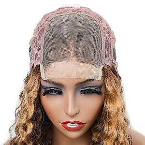 BLY Highlight Human Hair Lace Front Wigs Deep Wave #4/27 Ombre Colored Glueless Wigs Pre Plucked 18 Inch 4x4 Transparent Curly Water Wave Lace Wig Honey Blonde Real Human Hair 180% Density