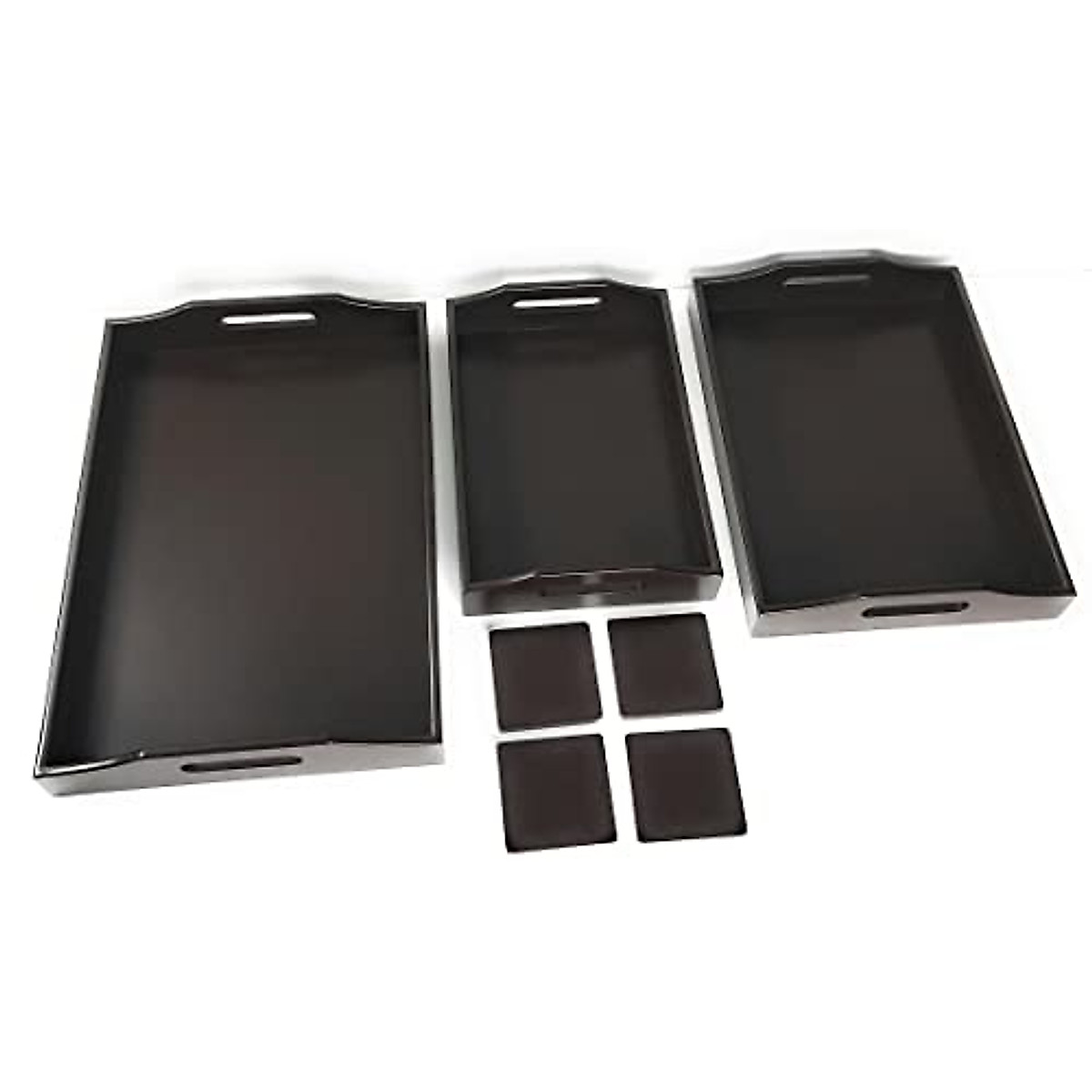 XL Wood Serving Tray Nested Set Of 3 w/4 Wood Coasters Wooden Coffee Table Food Eating on Bed Ottoman Tray Living Room Trays Decorative Storage Serving Butler Smoke Herb Rolling Nightstand Cheese Tray