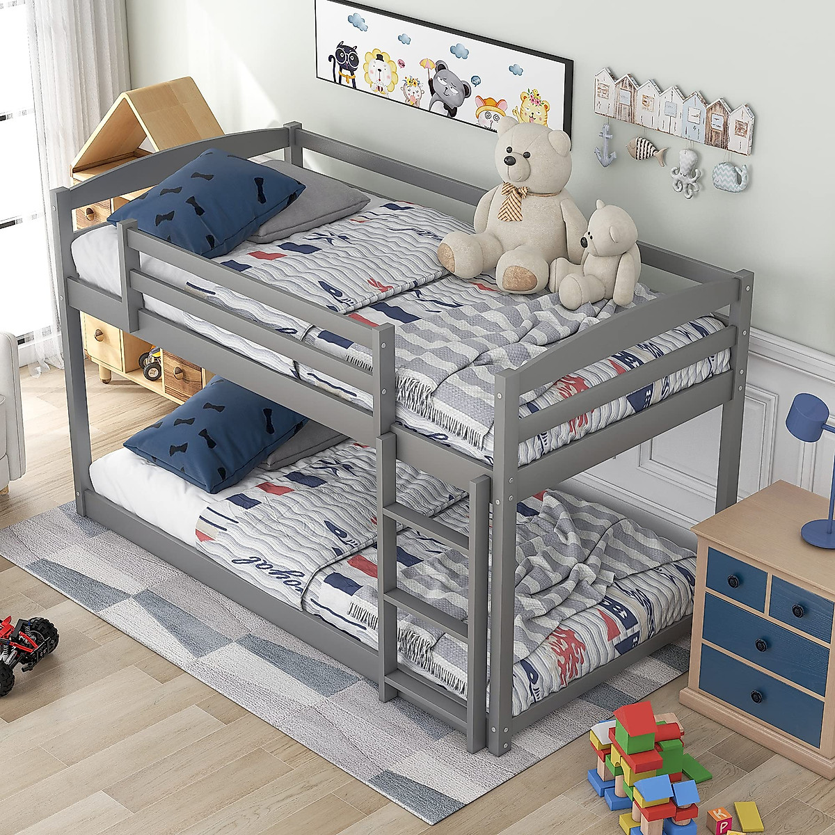 Harper & Bright Designs Low Bunk Bed Twin Over Twin, Wood Twin Bunk Bed Frame with Ladder and Guardrails, Kids Low Bunk Beds for Kids, Toddlers, Teens No Box Spring Needed (Gray)