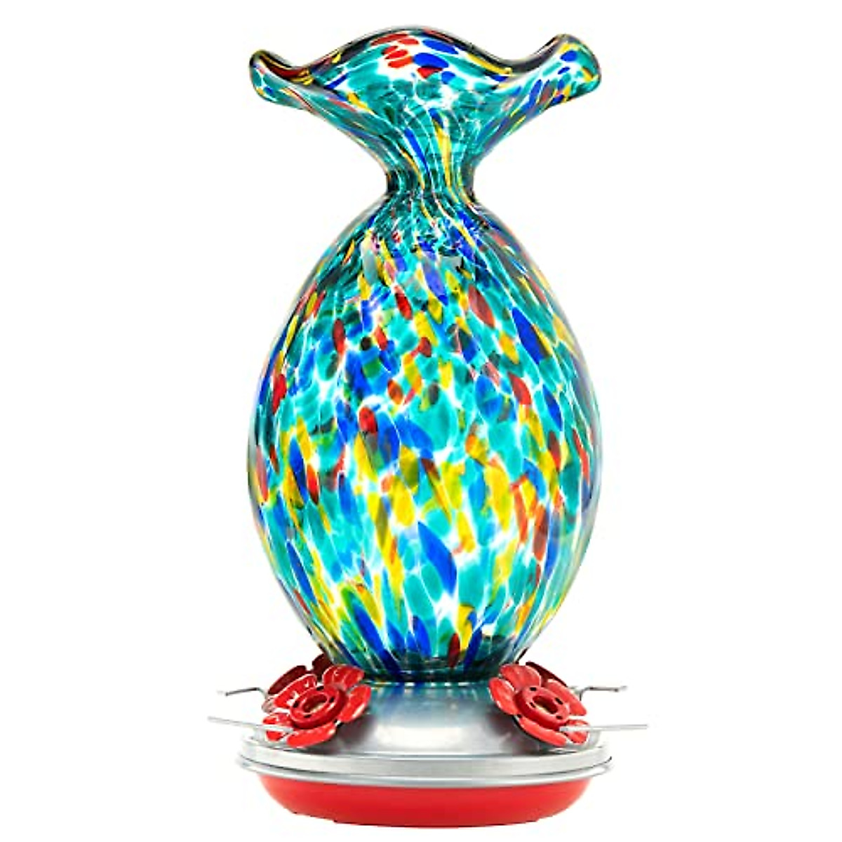 LaElvish Garden Hummingbird Feeder, 32OZ Hand Blown Glass Hummingbird Feeders for Outdoors Hanging, Built-in Ant Moat Wild Humming Bird Feeders, Yard Garden Gifts Decor (Merry)