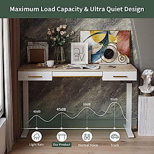 FEZIBO Mid Century Modern Electric Standing Desk with 3 Drawers, 48 x 26 Inches Whole Piece Sit Stand Up Home Office Desk, White Top with White Frame (2 Packages)