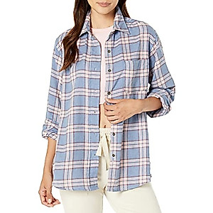 Angie Womens Plaid Button UP TOP, Blue, Large