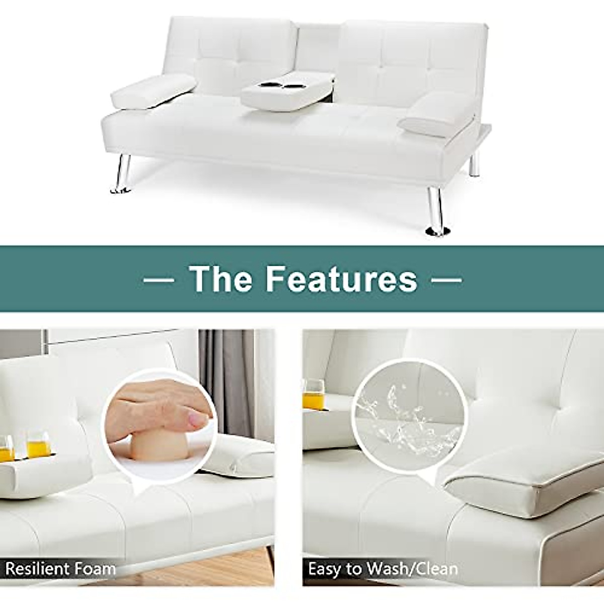 POWERSTONE Leather Futon Sofa Bed Convertible Folding Couch for Living Room Sectional Sleeper Sofa for Small Space with Cup Holder and Removable Armrest White