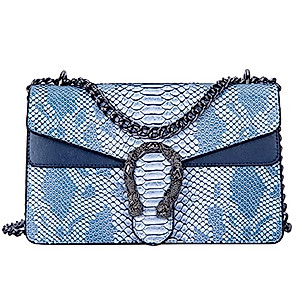 GLOD JORLEE Stylish Chain Satchel Handbags For Women - Luxury Snake-Printed Leather Shoulder Crossbody Bag Evening Clutch Tote Purse (blue)