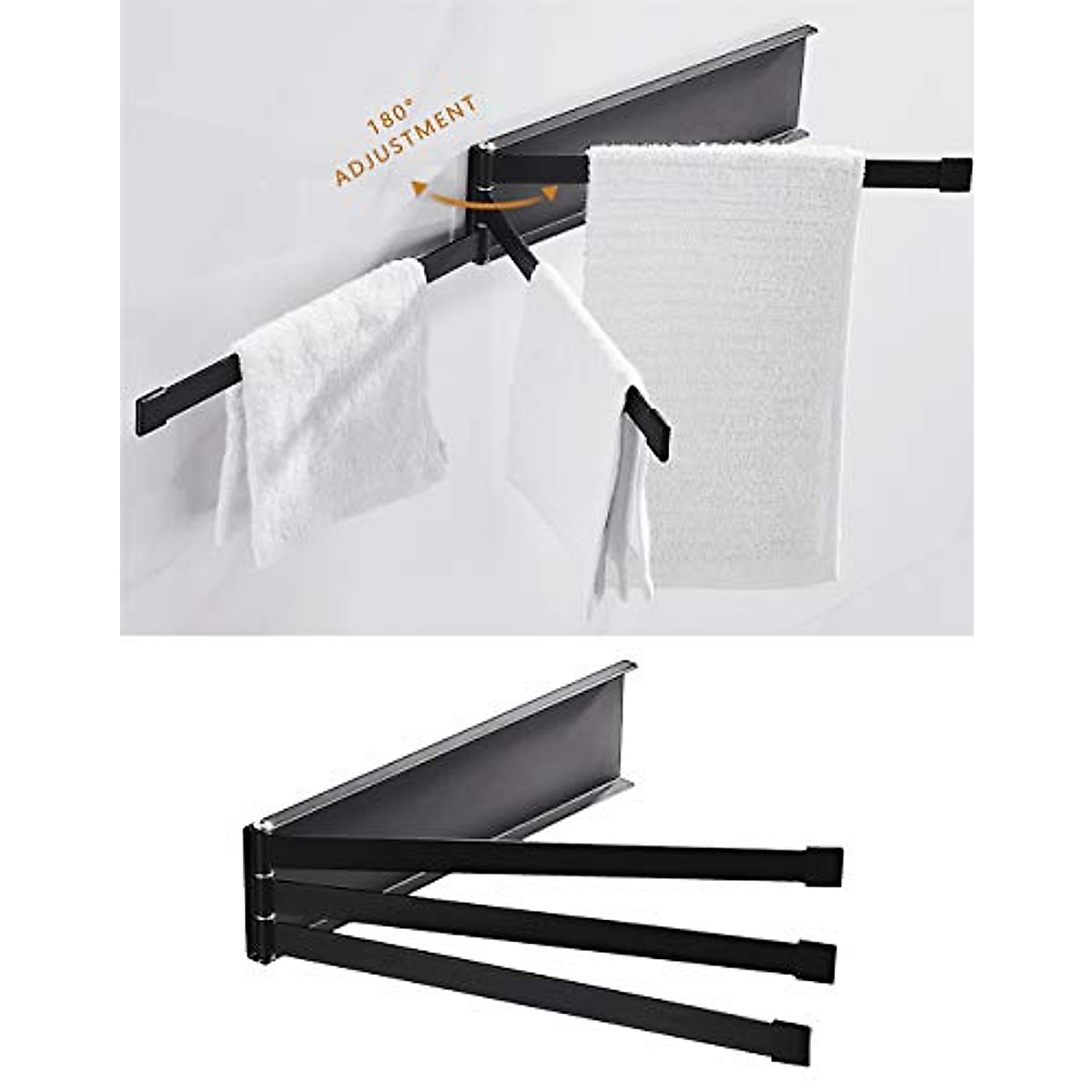 YEAVS Swing Towel Holder Rack Matte Black, Wall Mounted Towel Bar Swivel with 3-Arm for Bathroom Kitchen Storage