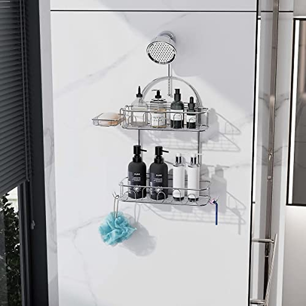 Neahom Hanging Shower Caddy Over Shower Head for Bathroom Silver, Stainless Steel Soap Holder & Razor Holder & Hooks, Hanging Shower Shelf Organizer, Storage Rack, Rustproof, Anti-Swing