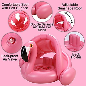 Flamingo Baby Swimming Ring with UPF 50+ Canopy Back Holder & Wings Airbag Never Flip Over, Inflatable Baby Pool Float Sunshade for 8-36 Months Infant Toddler Beach Water Toys Summer Luau Party Favors