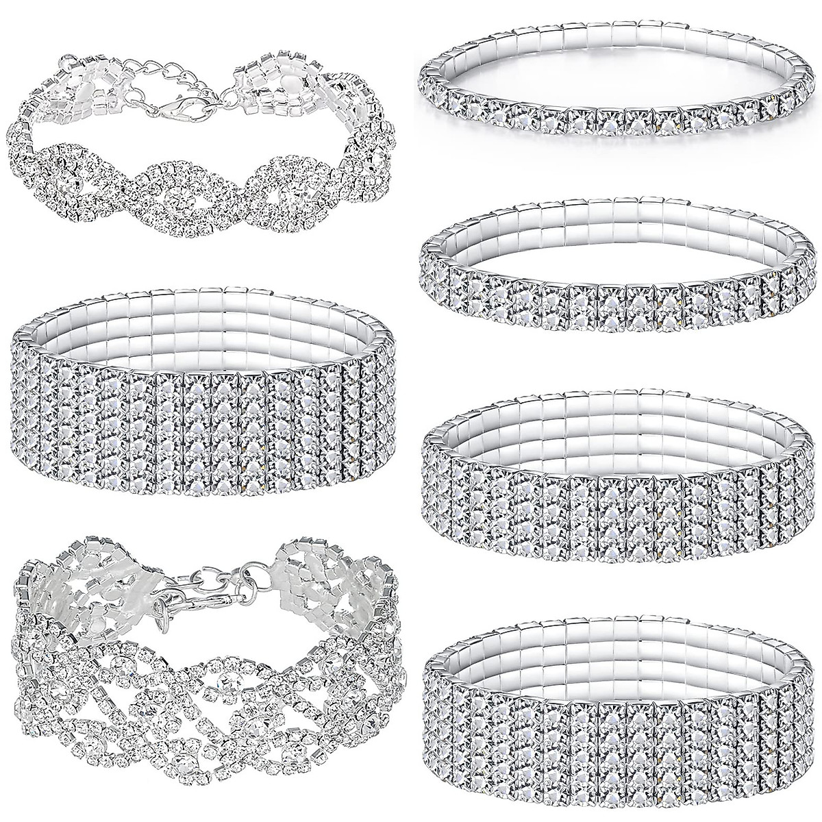 Jewdreamer 7PCS Rhinestone Bracelets for Women Cubic Zirconia Tennis Stretch Bracelet Bangle Bling Bikini Crystal Bracelet Sliver Sparkly Bridal Wedding Jewelry Bracelet Set