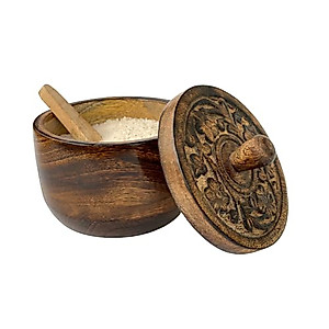 Rustic Salt Box Cellar with Hand Carved Lid & Spoon, Wooden Salt Pinch Bowls | Wood Salt Keeper, Spice Bowls for Cooking | Salt Pepper Tea Sugar Coffee Storage Holder for Kitchen, Mothers Day Gift