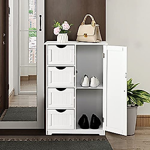 Bonnlo Small Bathroom Floor Cabinet Kitchen Storage Organizer Free Standing Bathroom Towel Cabinet Wooden Linen Entryway Storage Unit with 4 Drawers and 1 Cupboard Home Decor Furniture (White)