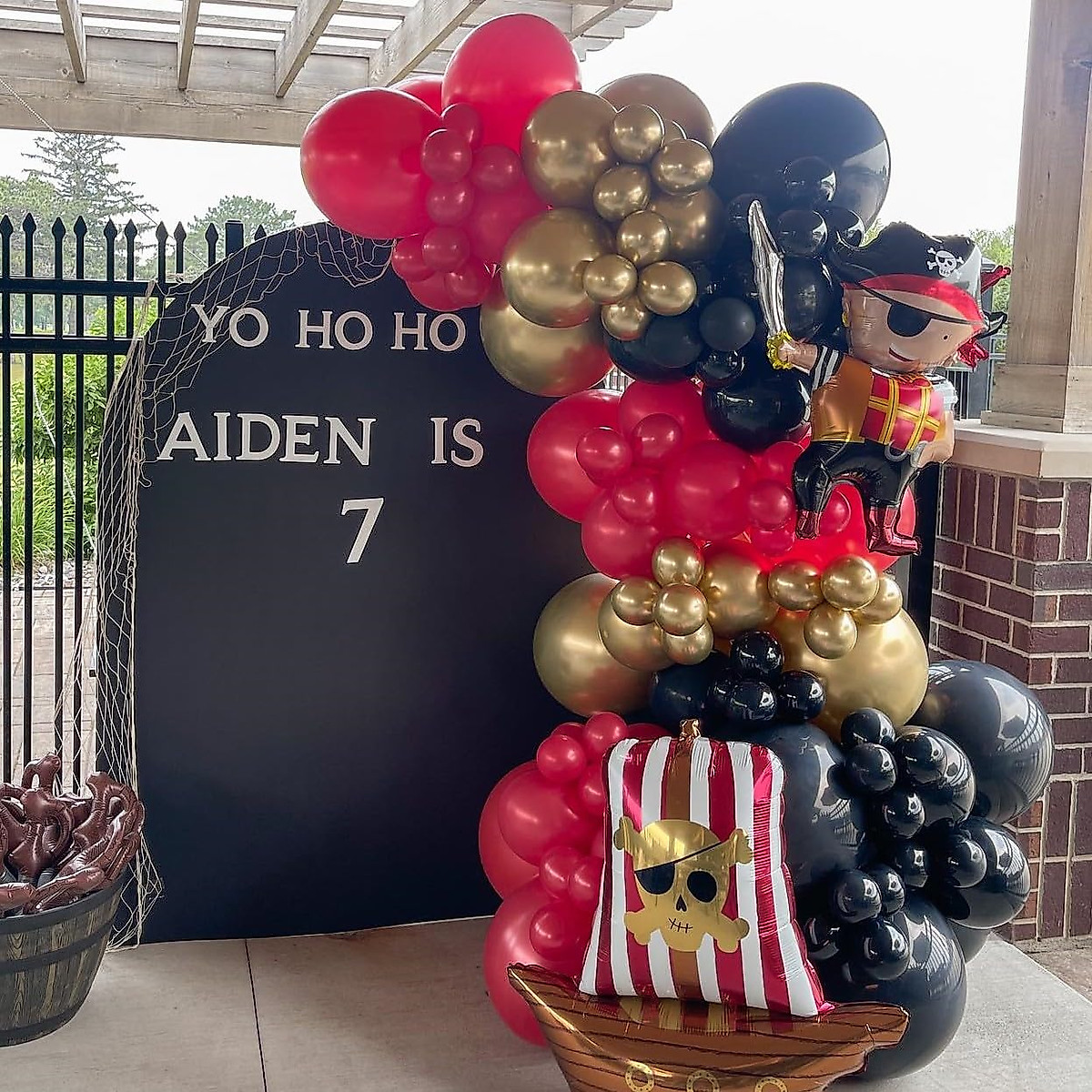 Pirate Ship Party Decorations, 142PCS Red Black Metallic Gold Balloon Arch Garland Kit with Pirate Ship Foil Mylar Balloon for Boys Birthday Ocean Pirate Theme Baby Shower Party Decoration Supplies