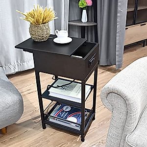 SZLHANJZ Slim End Table, Narrow Nightstand with Charging Station, Slide Open Sofa Bed Side Table with Drawers Storage Shelf, 3-Tier Wood & Metal Modern Nightstand for Home Office Dorm, Black