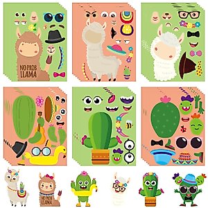 WATINC 36PCS Make Your Own Llama Cactus Stickers, Make a Face Animal Sticker Craft Game, DIY Art Cards Good Gift for School, Kids Goodie Bag Filler Reward Fiesta Mexican Alpaca Party Favor Supplies