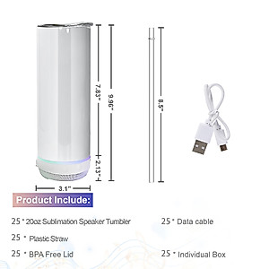 Icesip 25 Pack Music Speaker Tumbler, 20 oz Sublimation Tumbler Skinny Straight Double Wall Music Speaker Tumbler Cup with Straw Lid & USB Charging Cable 6 Colors