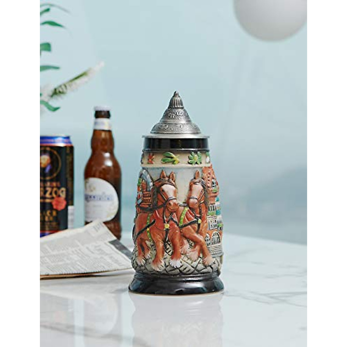 HAUCOZE Beer Stein Mug German Oktoberfest Stanley Viking Tankard with Petwer Lid Birthday Gifts 0.9Liter