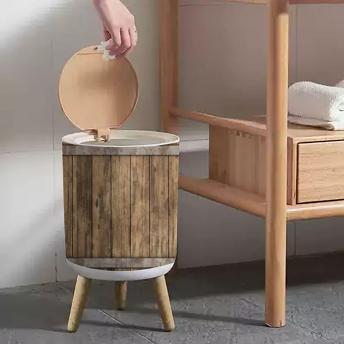 LGCZNWDFHTZ Small Trash Can with Lid for Bathroom Kitchen Office Diaper Barrel Wood Background Bedroom Garbage Trash Bin Dog Proof Waste Basket Cute Decorative